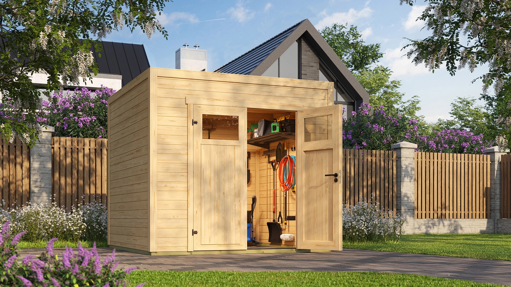 Weka Batu 2 kerti ház lapostető kétszárnyú ajtó natúr 250 cm x 250 cm ...