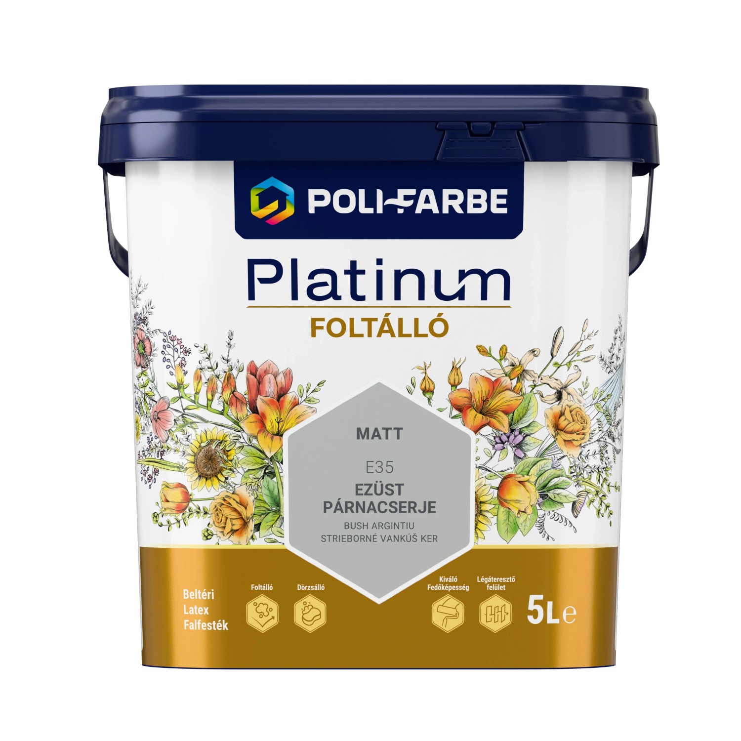 Poli-Farbe Platinum Foltálló beltéri falfesték Ezüst párnacserje E35 5l ...